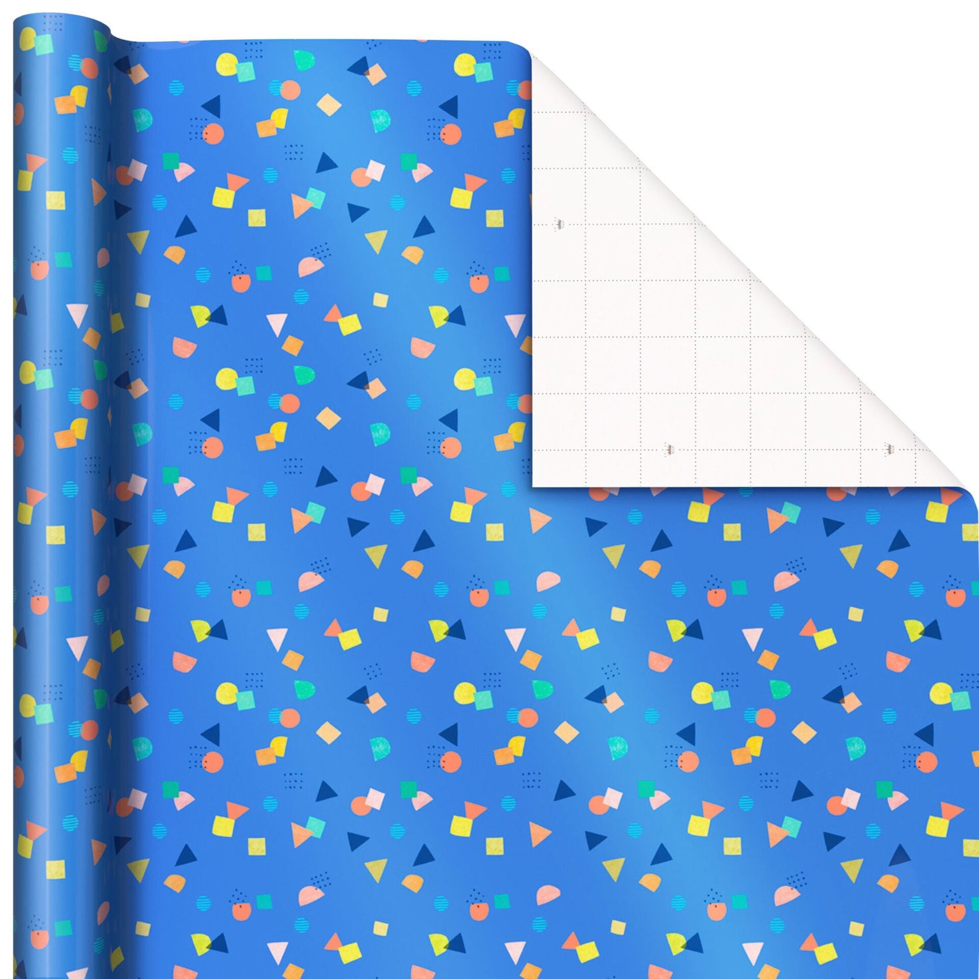 Rollo del papel de regalo azul con confeti de colores sobre 25 pies cu ...